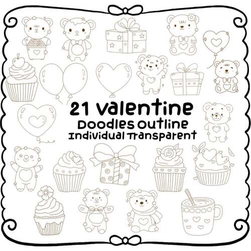 Valentine Day, Doodles, outline cute, element, digital download ...