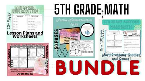 5th grade math bundle with worksheets, games, and note booking | TPT