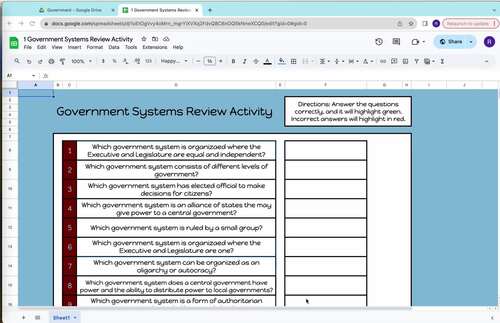 Government Systems Interactive Google Sheets Digital Game Activity