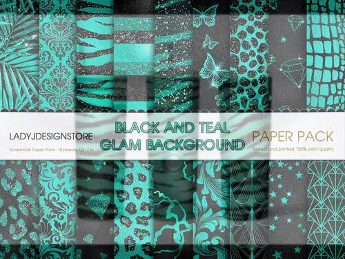 Black and Teal Glam Digital Paper, butterfly tiger cheetah by ...