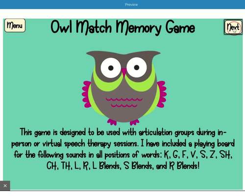 Owl Match Boom Cards™ Articulation Memory Game K,G,F,V,S,Z,SH,CH,TH,L,R ...