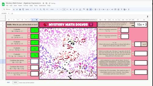 Valentine's Day - Algebra Expressions - Digital Math Activity - Pixel Art