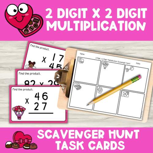Valentine's Day 2 Digit by 2 Digit Multiplication Scavenger Hunt Task ...