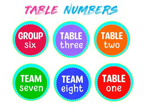 Printable Bright Table Numbers, Table, Team and Group Numbers, Table Signs