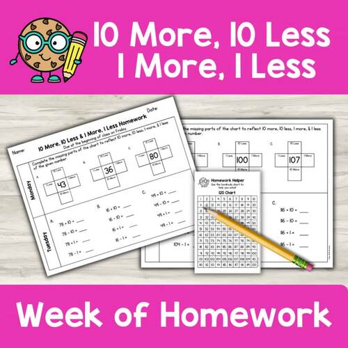 2nd Grade Weekly Math Homework | 10 More 10 Less 1 More 1 Less Number Sense