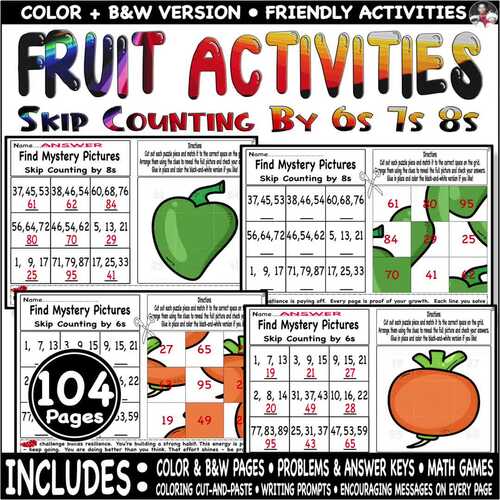 Fruit Skip Counting by 6s, 7s & 8s Picture Games, solve, color, cut ...