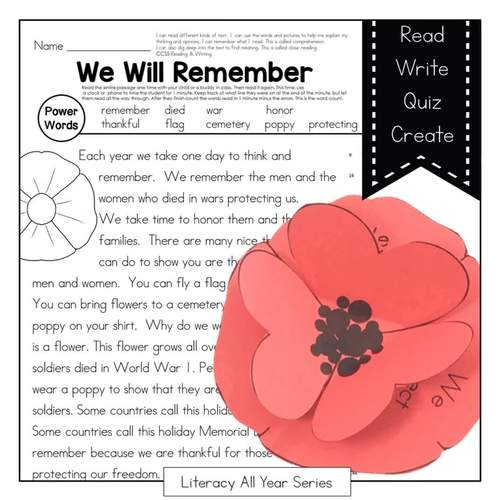 Memorial Day / Remembrance Day - Literacy & Craft by Teacher to the Core