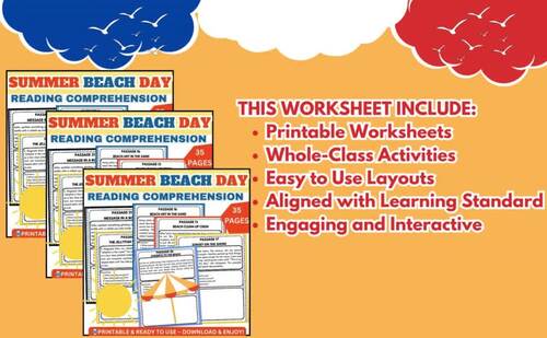 Summer Beach Day Reading Comprehension Passage Worksheets,5th 6th 7th ...