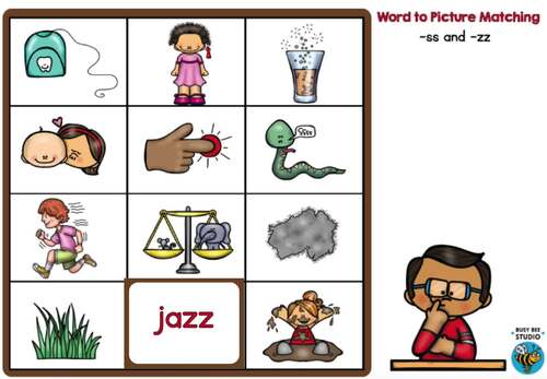 Double Consonant Endings SS ZZ Word to Picture Match Boom Cards GAME