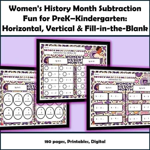 Women's History Month Subtraction Fun for PreK–Kindergarten:Horizontal ...