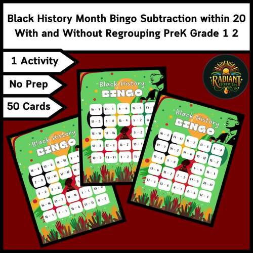 Black History Bingo Subtraction within 20 With and Without Regrouping ...