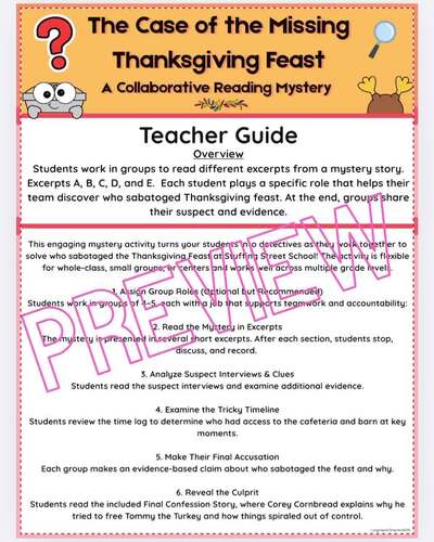 Thanksgiving Mystery Challenge - Collaborative Reading Mystery LOW PREP
