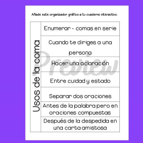Coma- uso de la coma - organizadores gráficos by Bilingual Teaching ...
