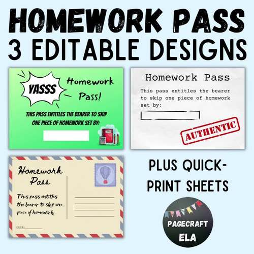 EDITABLE Homework Passes in 3 Fun Designs (Quick Print, Great Student ...