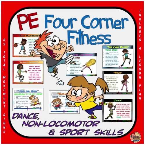 PE Warm Ups- Four Corner Fitness- Dance, Non-Locomotor & Sports Skills ...