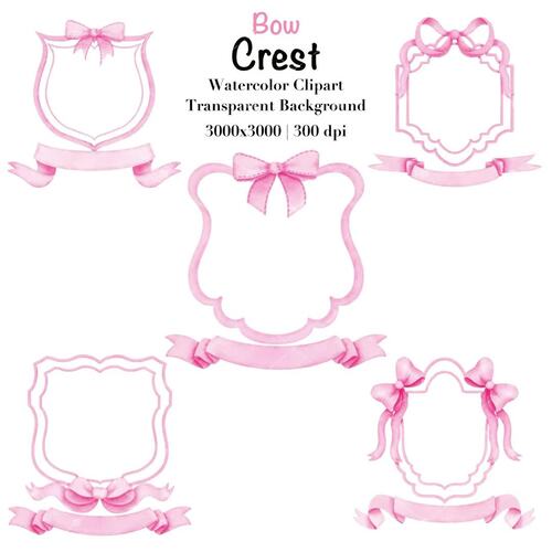 Pink Coquette Ribbon Crest, Bow and Frame, Hand Painted Banner Clipart