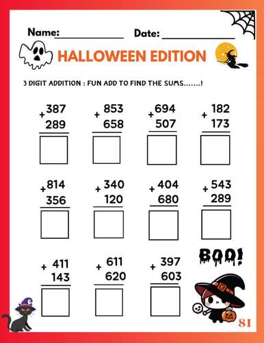 3 Digit Addition by 3 digit worksheets with answer! Halloween Edition. FUN.