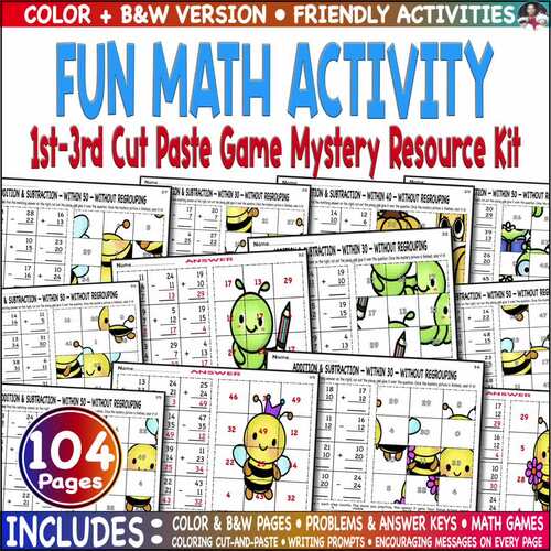 Fun Math Activity 1st-3rd Cut & Paste Game Color Mystery Resource Kit ...