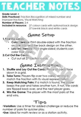 Fraction Memory Game | Grade 4 & 5| Improper and Mixed Numbes Fractions