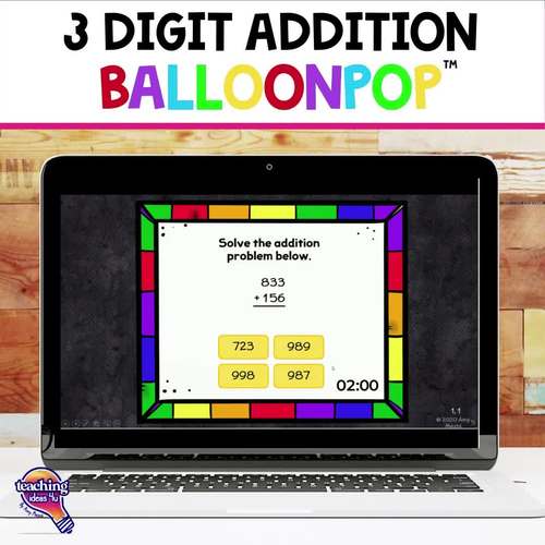 3rd Grade 3-Digit Addition Digital Math Review Games BalloonPop™