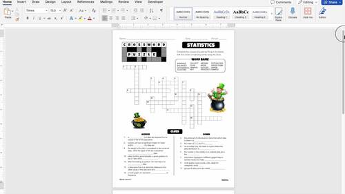 6th/7th Grade Math Fun Worksheet St. Patrick's Day Crossword (Statistics)