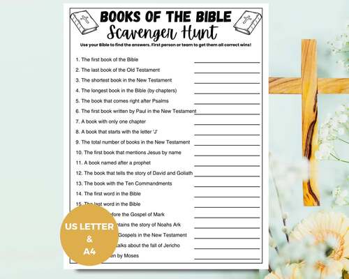 Books of the Bible Scavenger Hunt Game, Printable Bible Trivia for ...