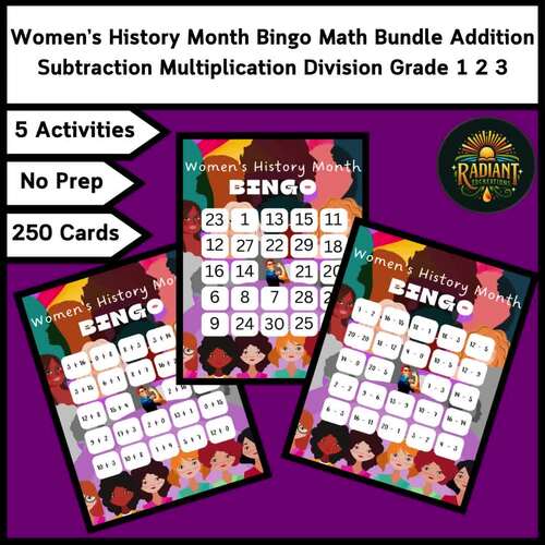 Women’s History Bingo Math Bundle Addition Subtraction Multiplication ...