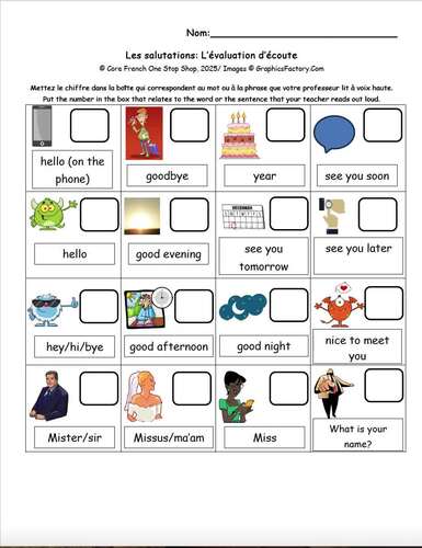 Core French Greetings Listening Assessment Handout by Core French One ...