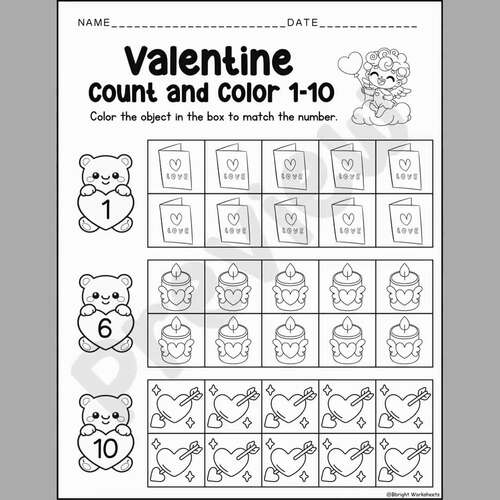Valentine Count and Color 1–10 Worksheets | Kindergarten Math | No Prep