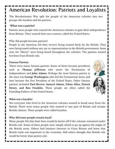 American Revolution: Patriots and Loyalists by Kathy Diaz | TPT