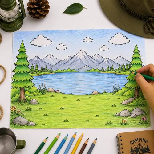Camping Scene Background Coloring Templates, Outdoor Campsite Landscapes