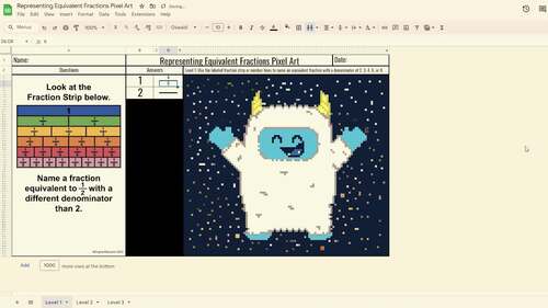 Google Sheets Pixel Art Representing Equivalent Fractions TEKS 3.3F