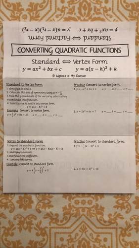 FOLDABLE - Algebra - Converting Quadratic Functions by Algebra is My Domain