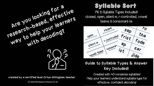 Syllable Sort: All 6 Syllable Types - Structured Phonics - Orton-Gillingham