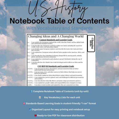 8th Grade U.S. History Notebook Table of Contents with Vocabulary ...