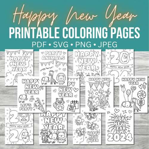 New Year's Printable Coloring Pages BUNDLE, 12 Party Animals PNG SVG ...