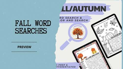 Early Finishers FALL AUTUMN WORD SEARCHES Printable 4th grade to 12th grade