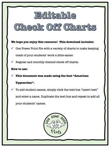 Daily Check Off Charts themed-Printable as pdf or Editable as PowerPoint