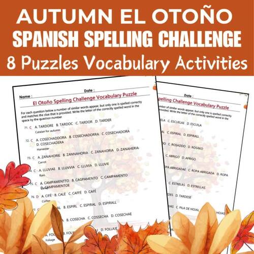 El Otoño: Spanish Autumn Fall Season Vocabulary Spelling Challenge 8 ...
