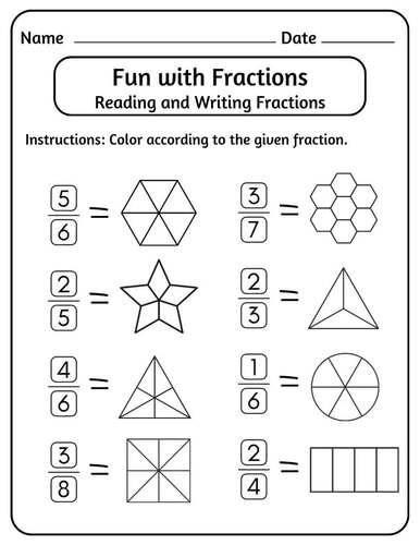 Fractions Unit Worksheets - Coloring & Writing & Reading Activities
