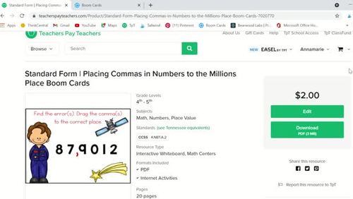 Standard Form - Placing Commas in Numbers to the Millions Place Boom Cards