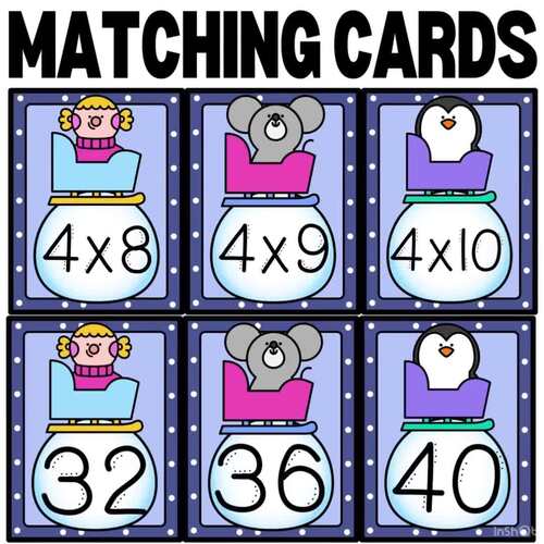 Winter Theme Multiplication by 4s Matching Card Games: Find the Product