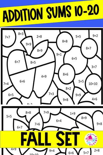 FALL COLOR BY NUMBER CODE ADDITION SUMS 10 TO 20 MATH COLORING WORKSHEETS