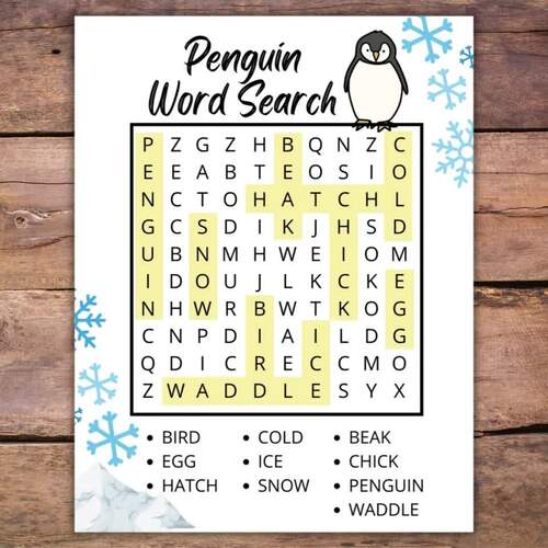 Penguin Word Search Game Find the Words in the Puzzle - Early Finishers