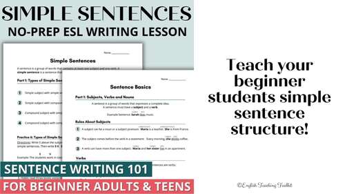 Beginner Adult ESL Writing Curriculum - Simple Sentence Structure ...