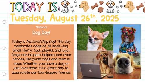 Morning Meeting Slides AUGUST – Daily National Holidays + Share Prompts!