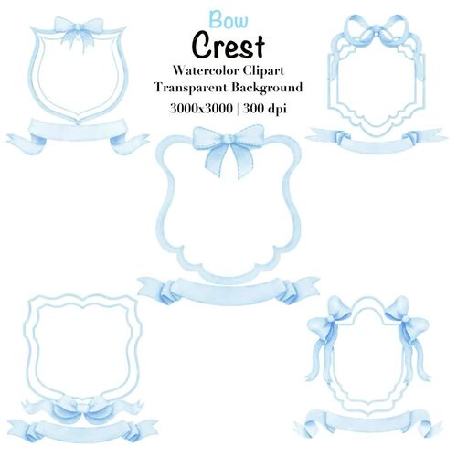 Blue Coquette Ribbon Crest, Bow and Frame, Hand Painted Banner Clipart.