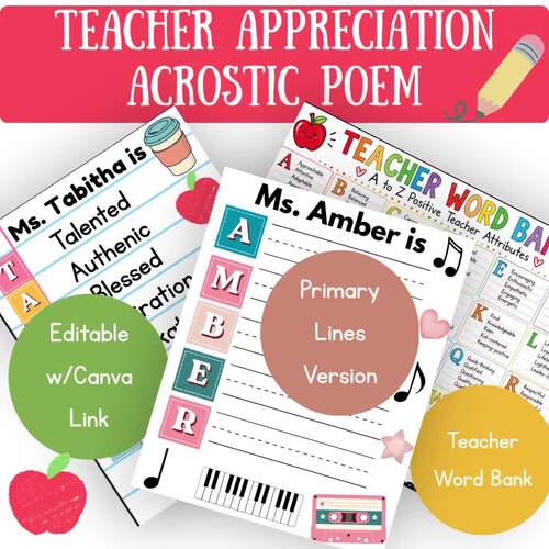 Editable Teacher Appreciation Acrostic Poem| Printable Personalized ...