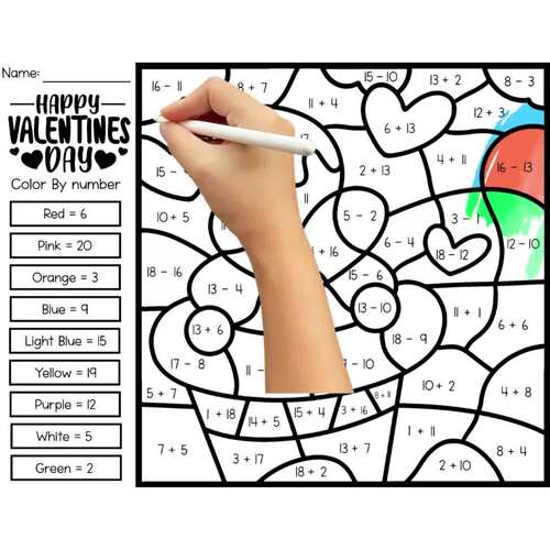 Valentine's Day Addition & Subtraction within 20 | Color by Number ...