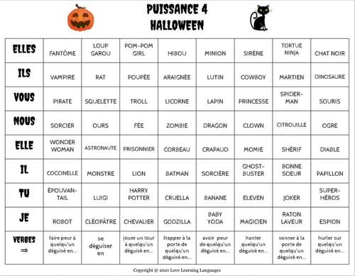 French Halloween Vocabulary Game - Connect 4 Activity | TPT